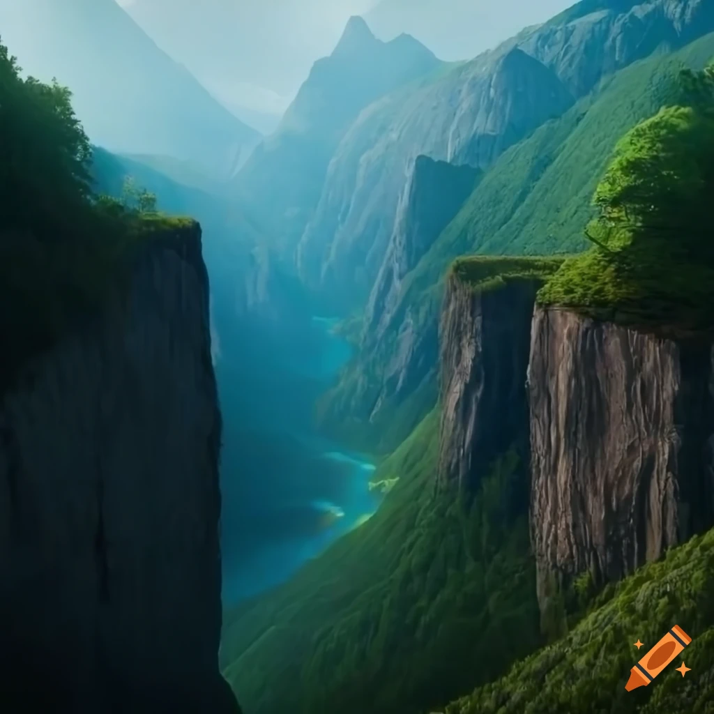 Steep cliff overlooking a forested valley on Craiyon