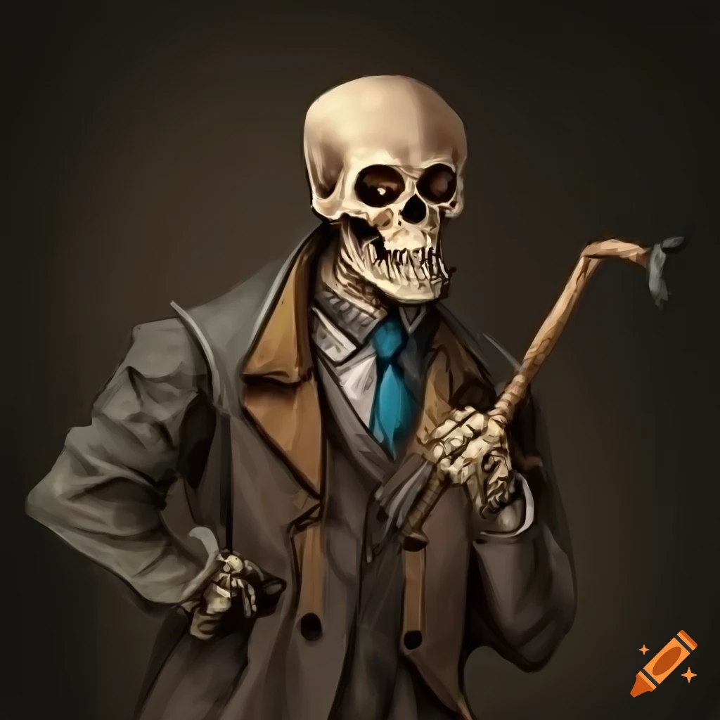 Skeleton detective in suit holding a cane on Craiyon