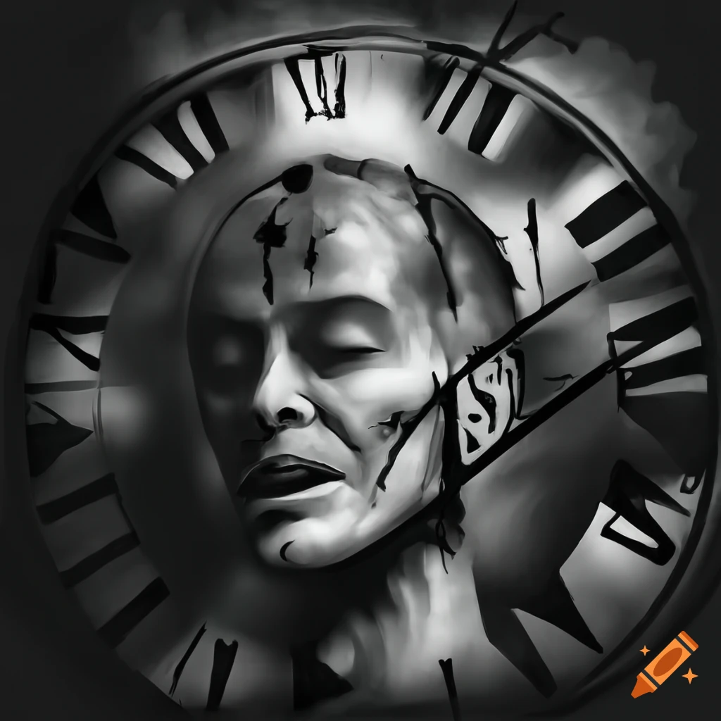 Abstract art of a man destroying a clock in black and white on Craiyon