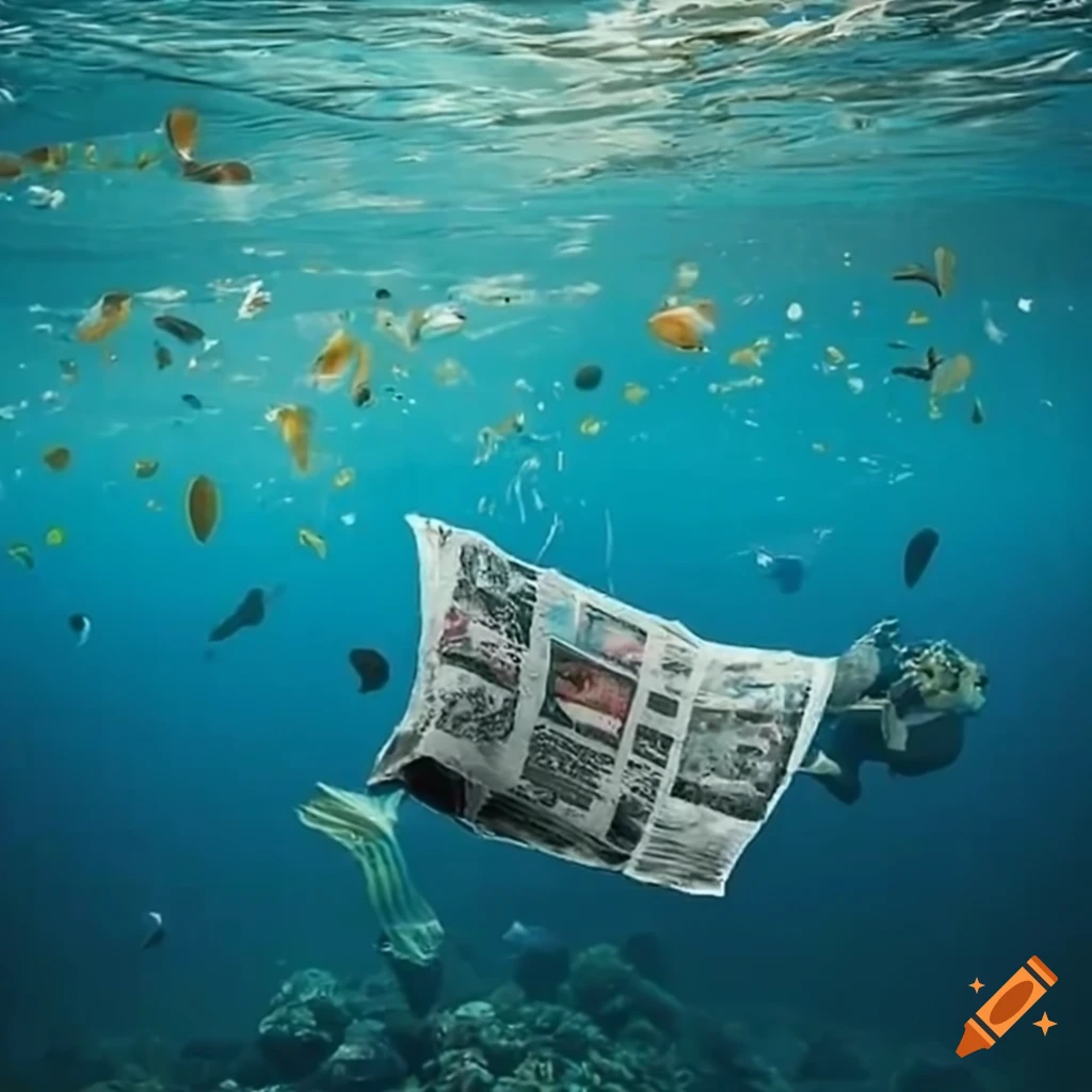Newspaper floating in the ocean surrounded by trash on Craiyon