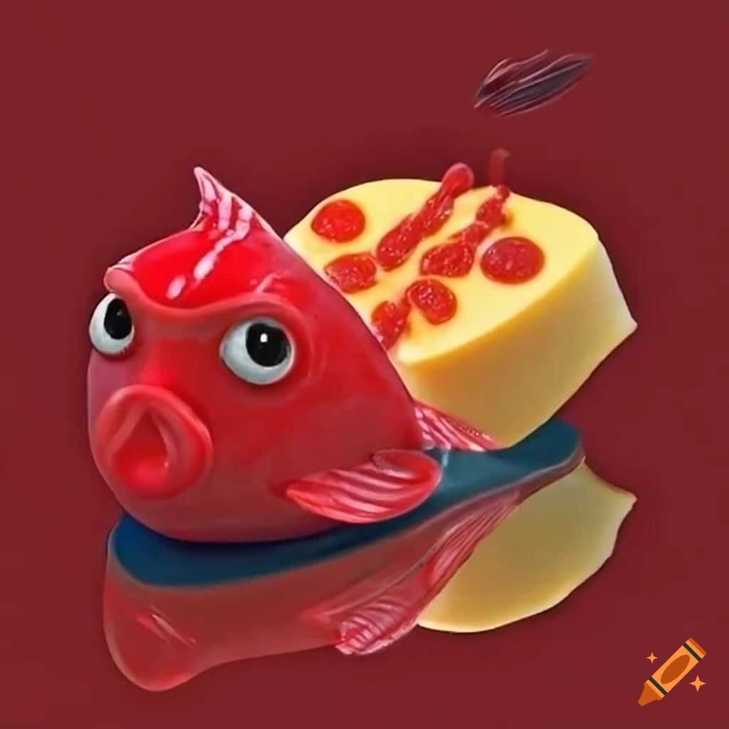 Ham and cheese hot pocket riding on a red candy fish on Craiyon