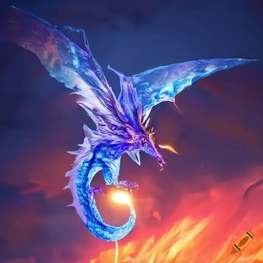 Crystal dragon flying over a glowing fire lake on Craiyon