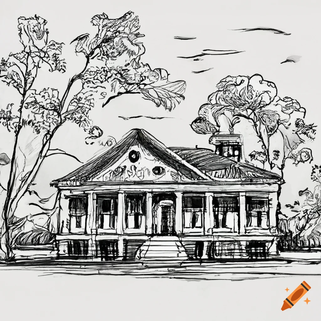 Simple ink sketch of a plantation house on Craiyon
