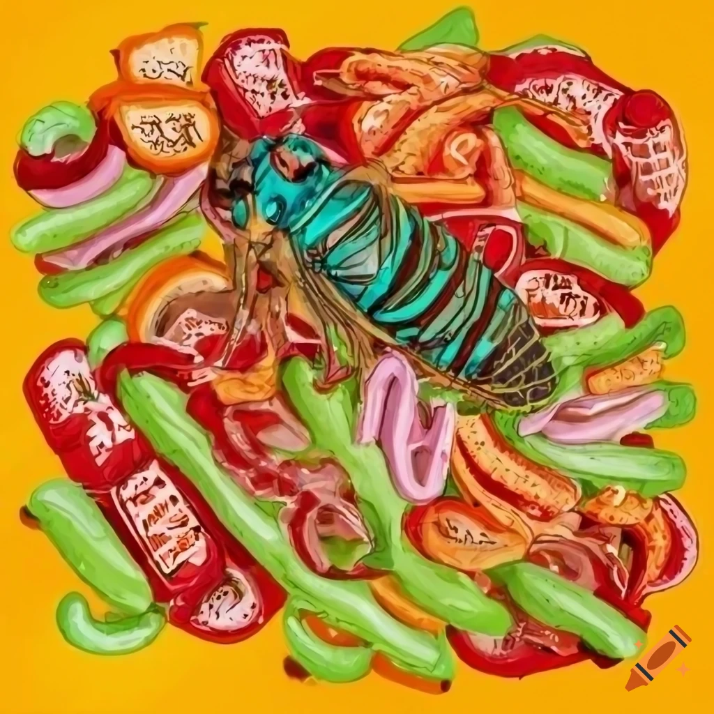 Colorful illustration of 'Cicada Snacks' package on Craiyon