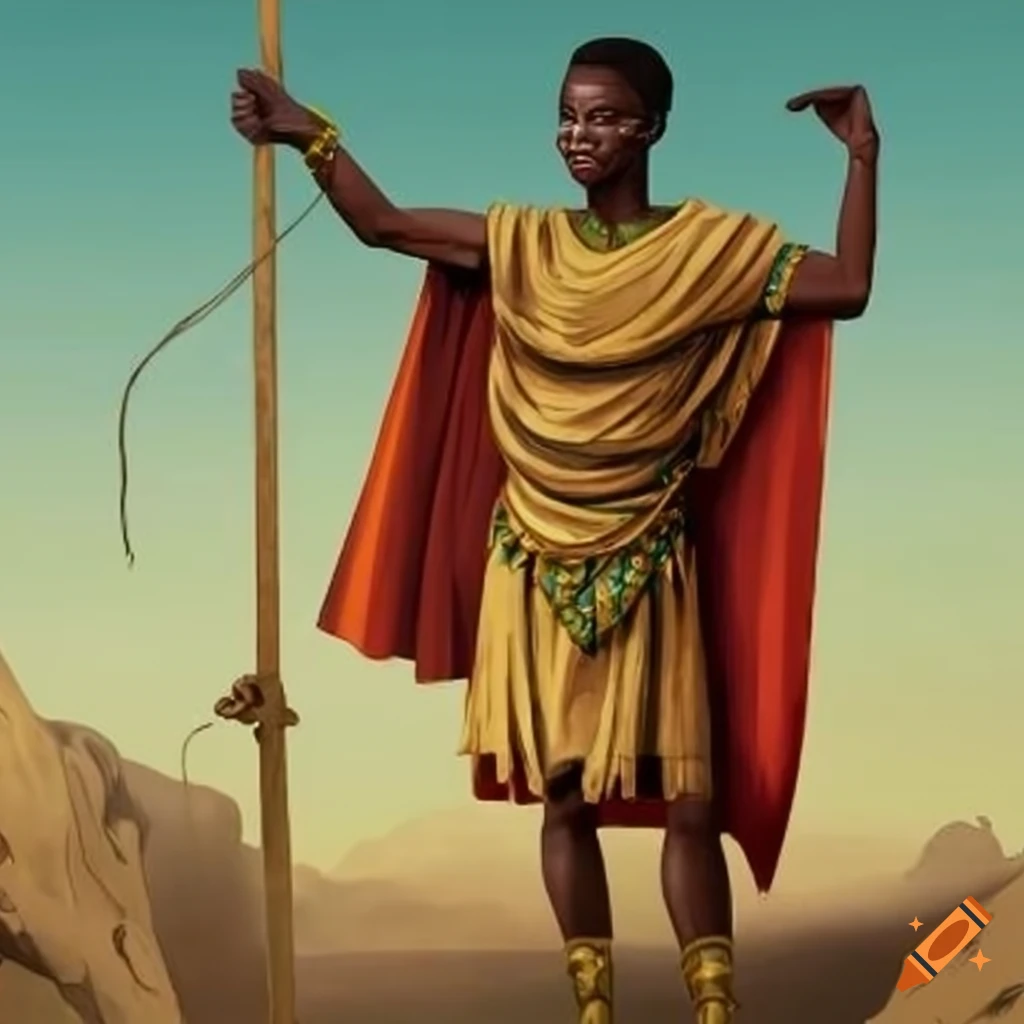 African hero David with a sling facing Goliath in a biblical scene on ...
