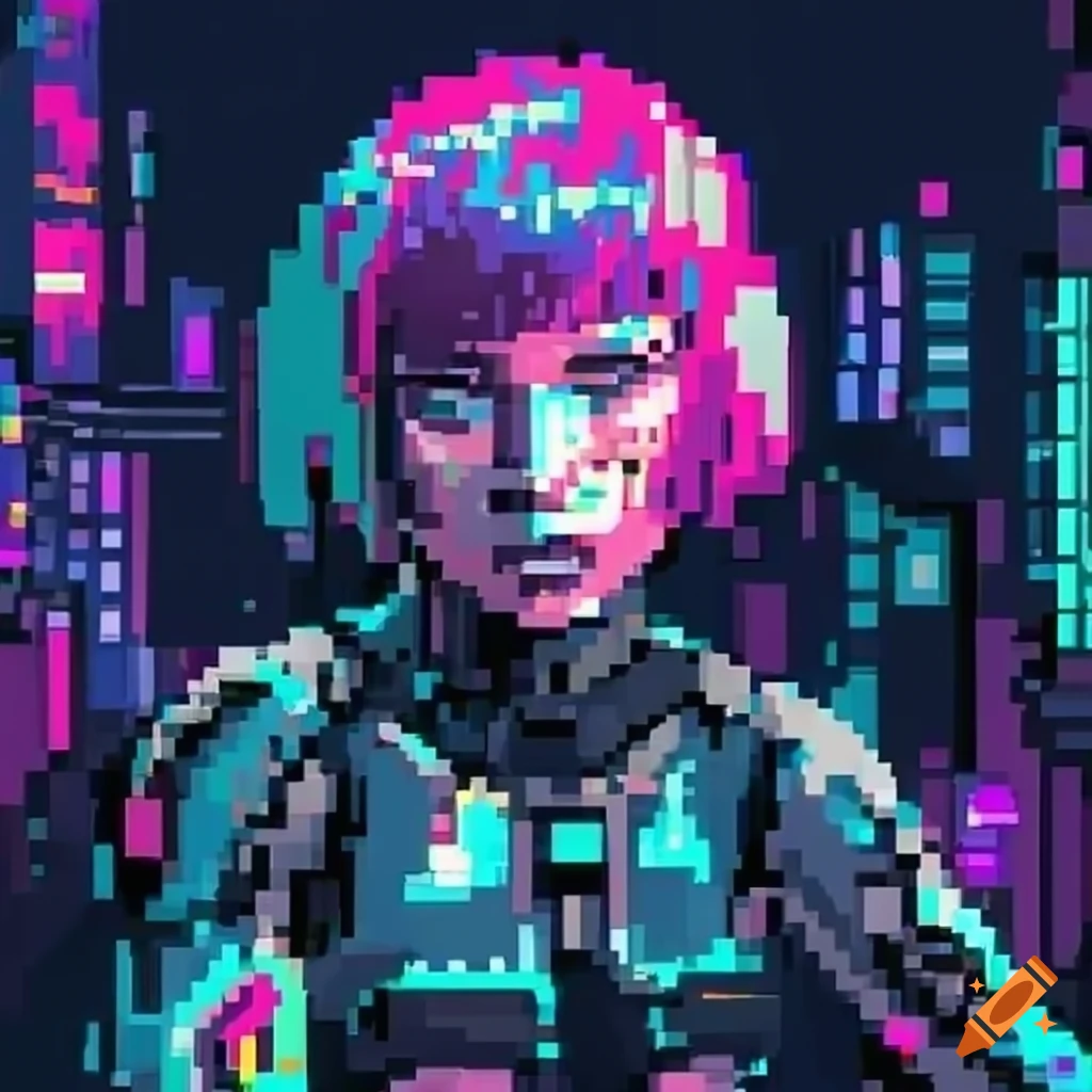 Pixel art portrait of the android cyborg Gally on a cyberpunk ...
