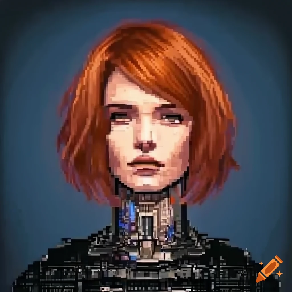 Pixel art portrait of an irish android cyborg girl on a cyberpunk ...