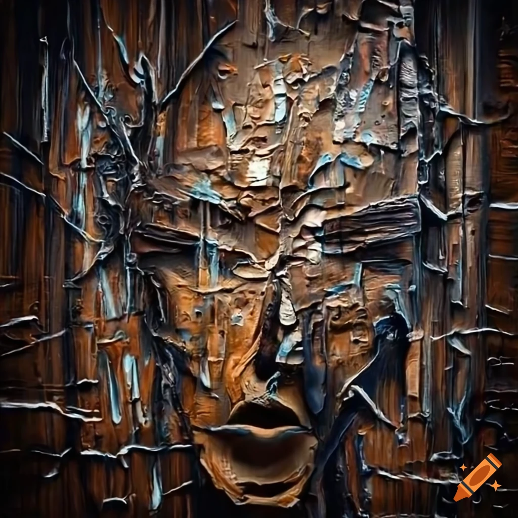 Intricate abstract oil painting on scratched wood canvas on Craiyon