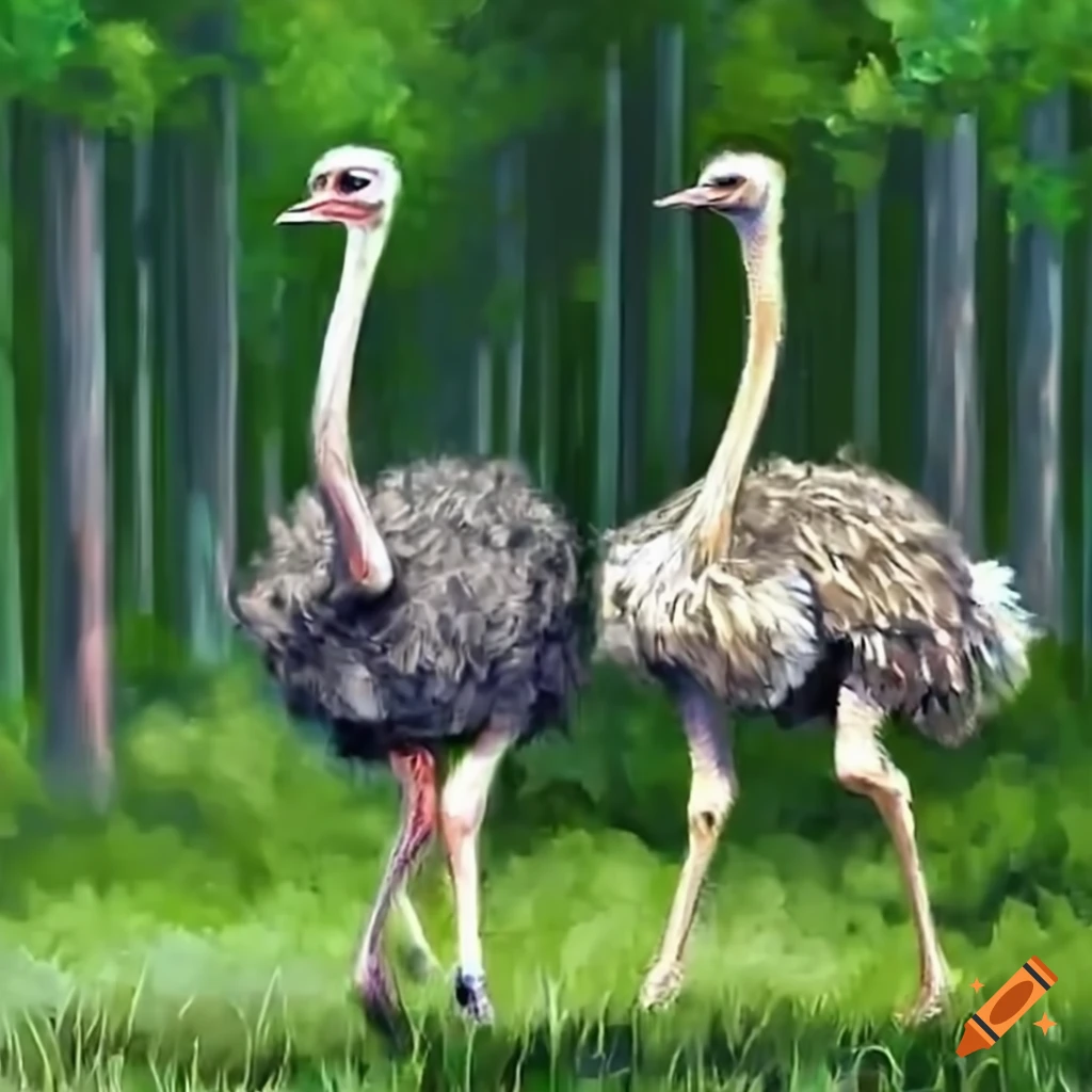Two ostriches running in a green forest on Craiyon