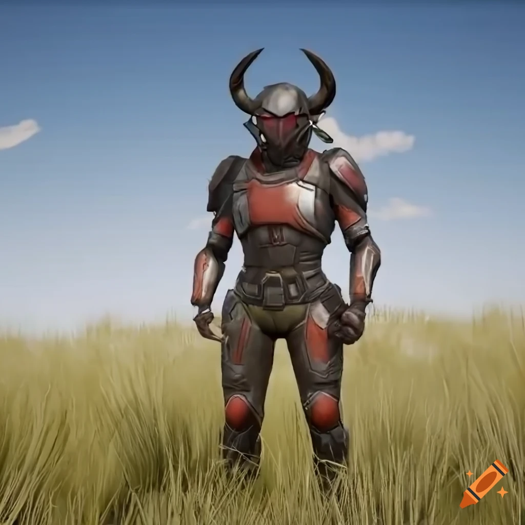 Pale-skinned elf sci-fi soldier with red hair and eyes in grassland ...