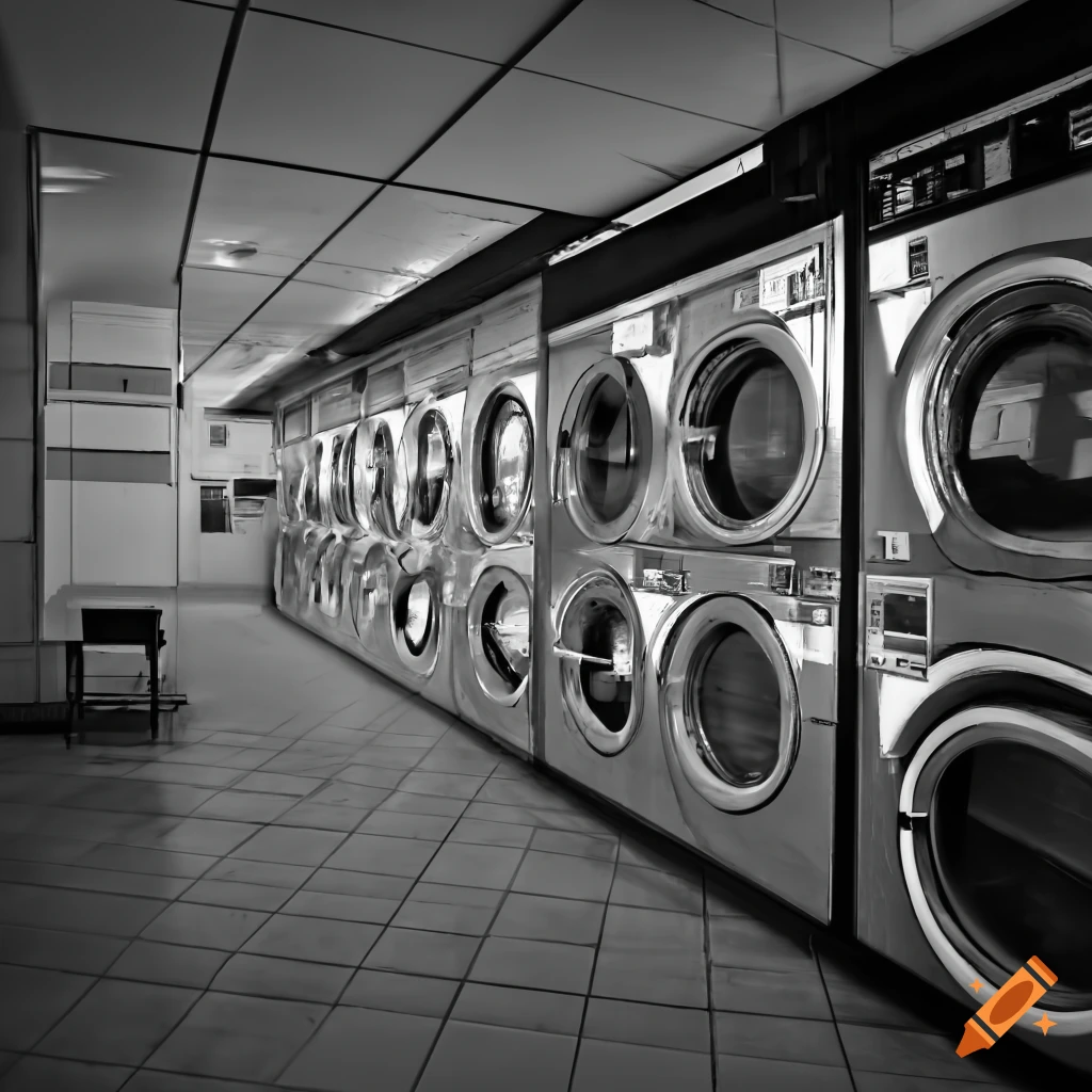 Black and white photorealistic 1950s laundromat scene at night on Craiyon