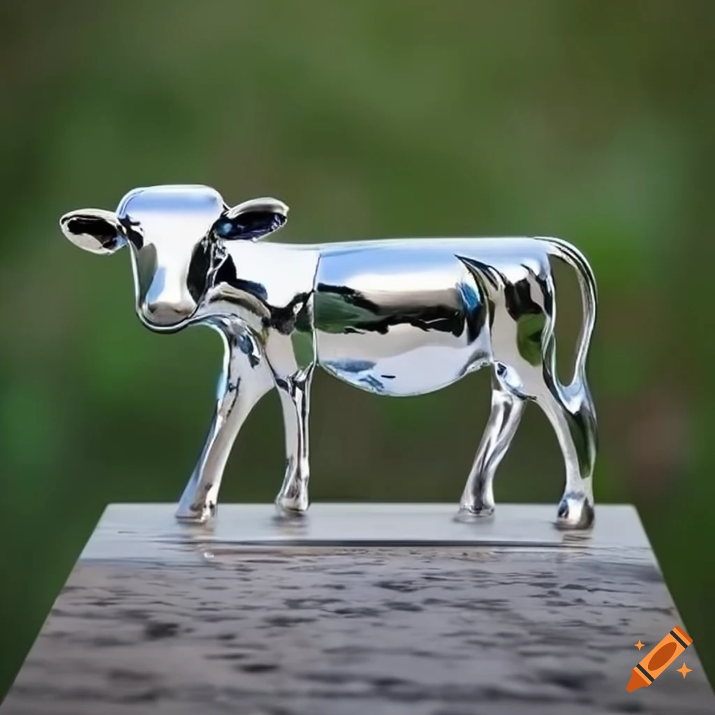 Polished metal cow sculpture shining in sunlight on Craiyon