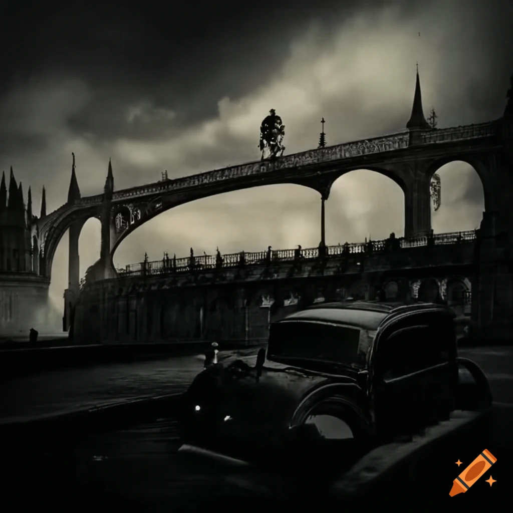 1930's car crossing a gothic bridge from a sideways perspective on Craiyon