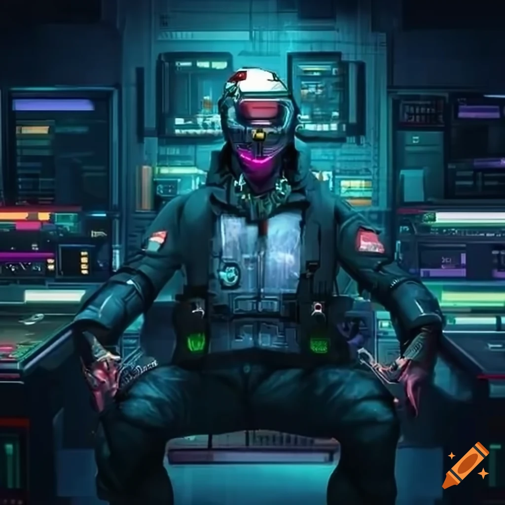 Cyberpunk men gaming avatar in a control room on Craiyon