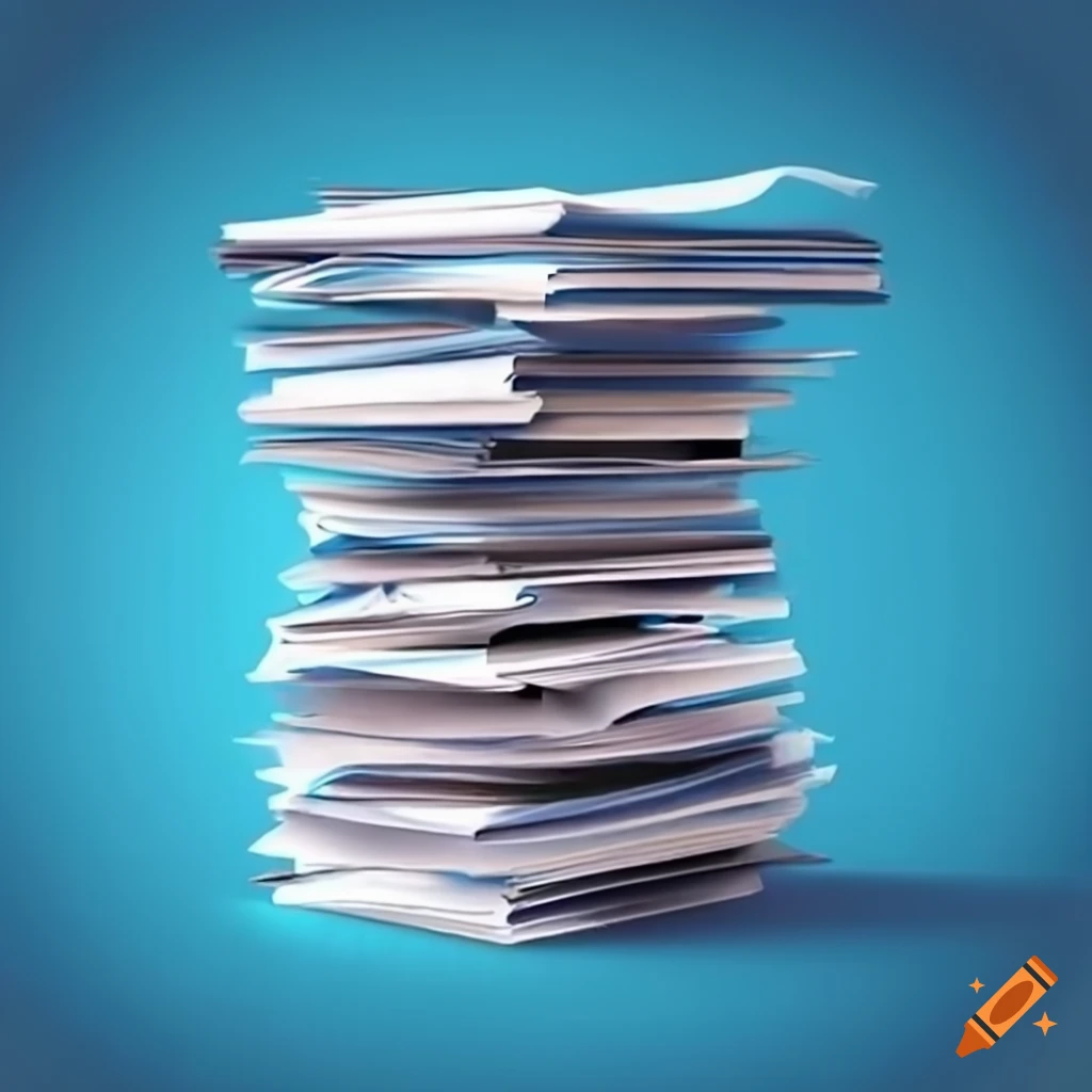 Animated pile of paper documents on blue background on Craiyon