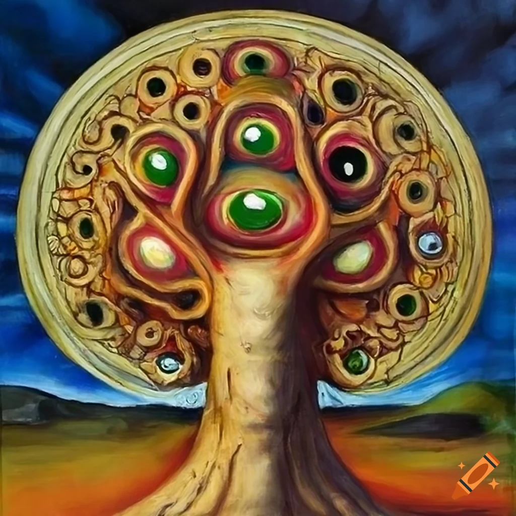 Baroque surrealist illustration of giant eye tree in oil painting style ...
