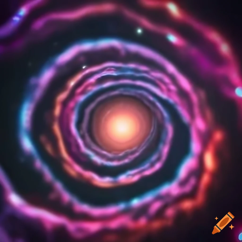 Dark spiral tunnel with multicolor orbs, starships, stars, and galaxies on Craiyon