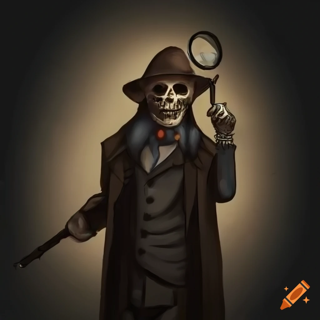Skeleton detective in a suit with a magnifying glass and a cane on Craiyon