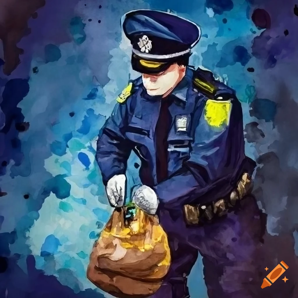 Police officers examining a bag of beer at night in a watercolor style ...