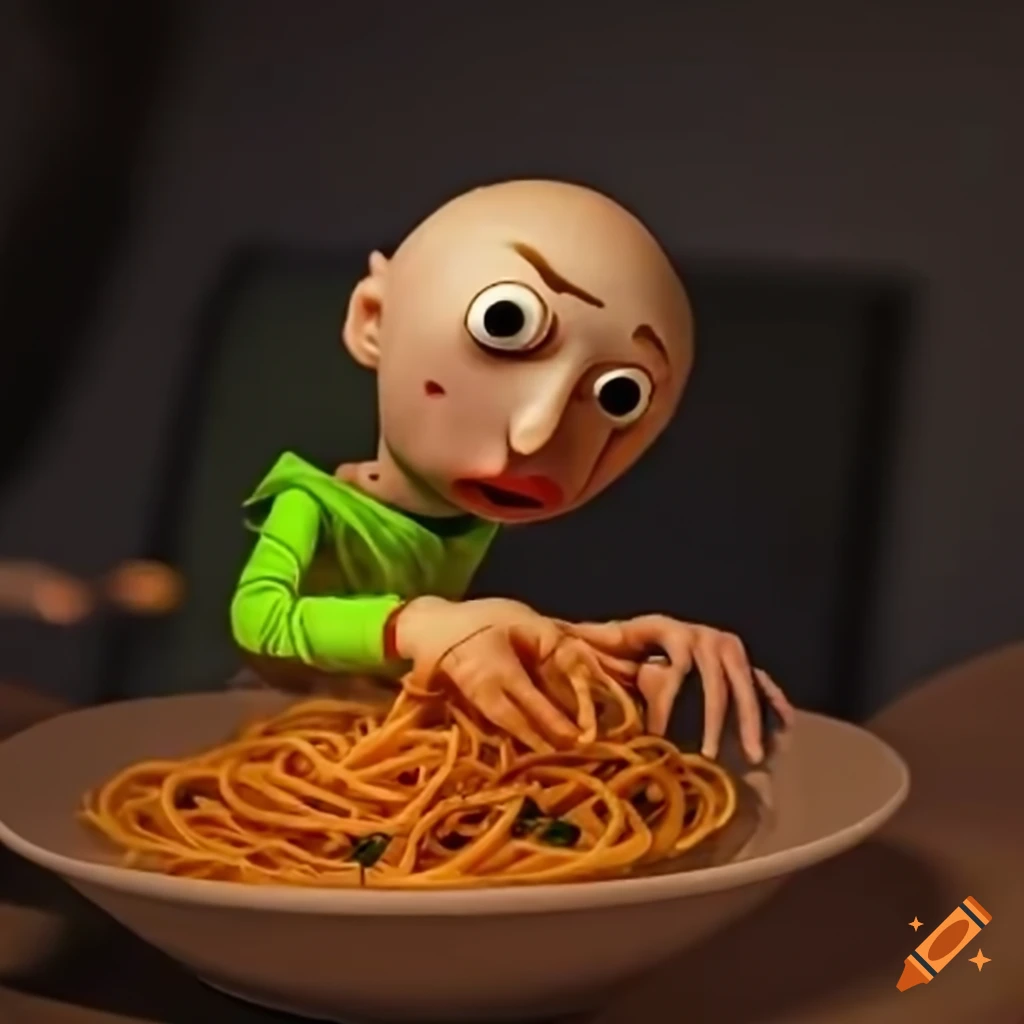 Baldi as a baby puking spaghetti at night on Craiyon