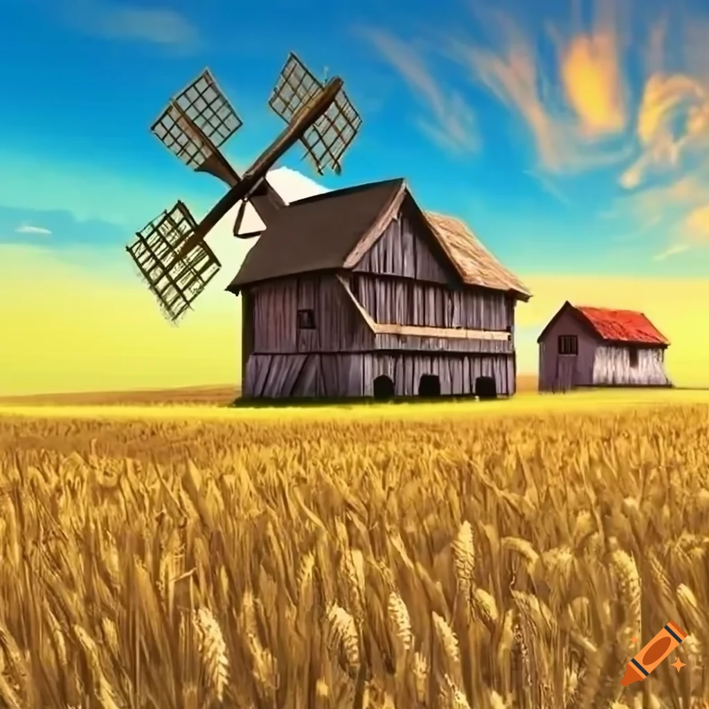 Medieval wheat farm with windmill, barn, and wooden house on Craiyon