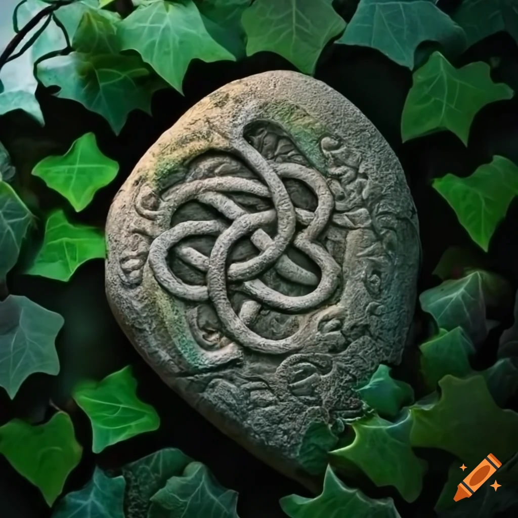 Celtic symbols carved in granite stone with ivy leaves and branches on ...