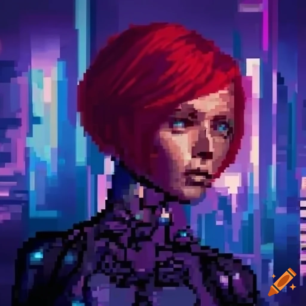 Pixel art portrait of an irish android cyborg woman on a cyberpunk ...