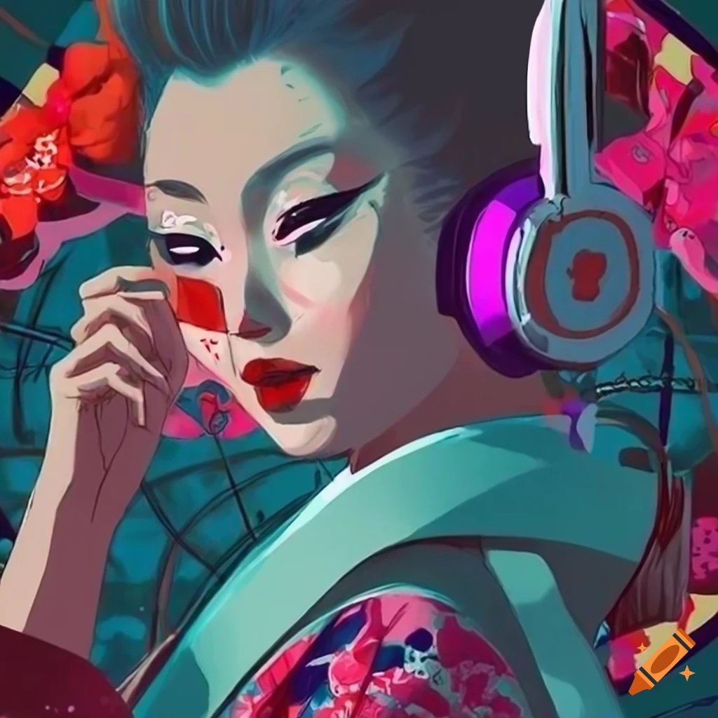 Cyberpunk geisha with headphones in ukiyo-e style on Craiyon