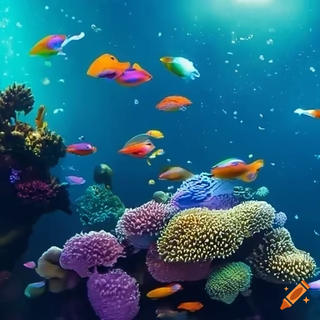 Magical aquarium scene with shimmering fish and intricate coral ...