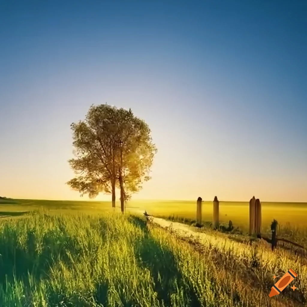 Early summer morning landscape with bright sunshine and clear blue sky ...