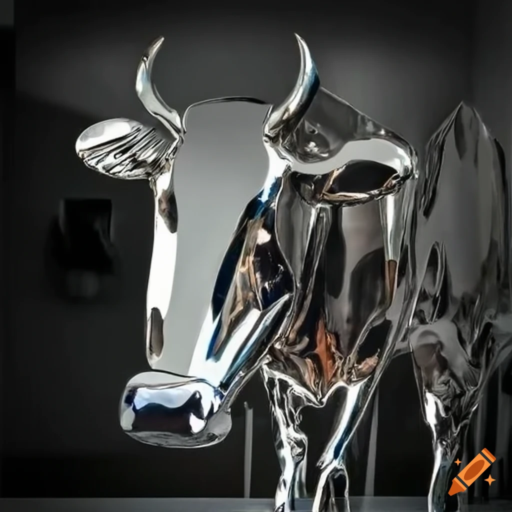 Polished metal cow sculpture shining in sunlight on Craiyon