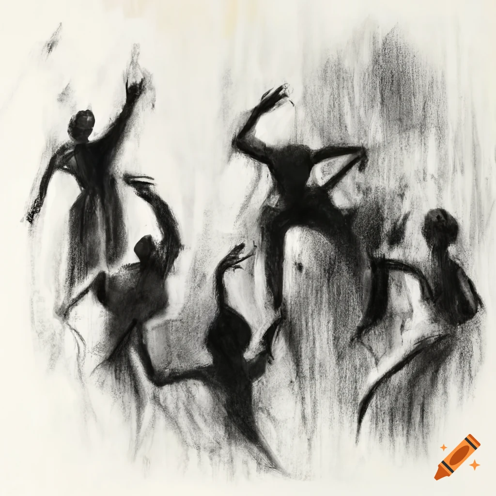 People dancing in a village in a charcoal drawing on Craiyon