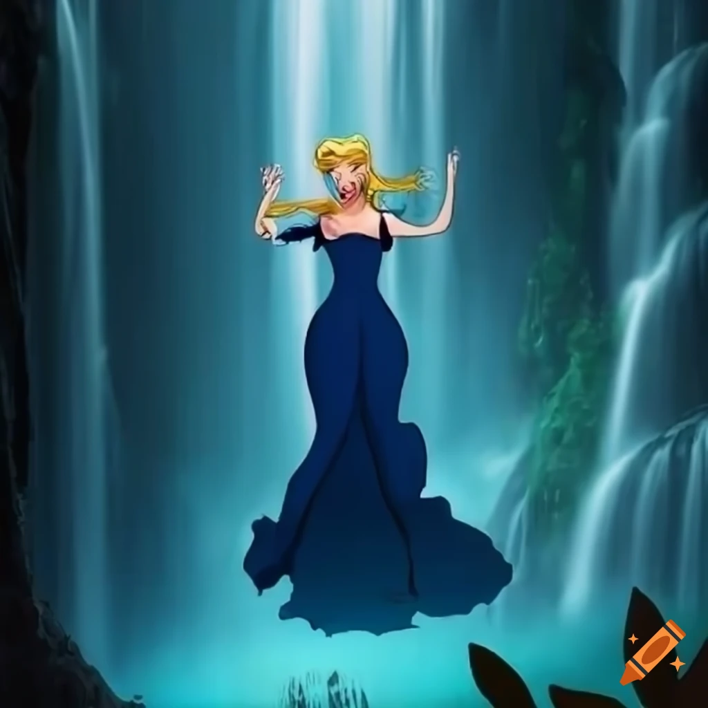 Princess falling from a tall waterfall on Craiyon