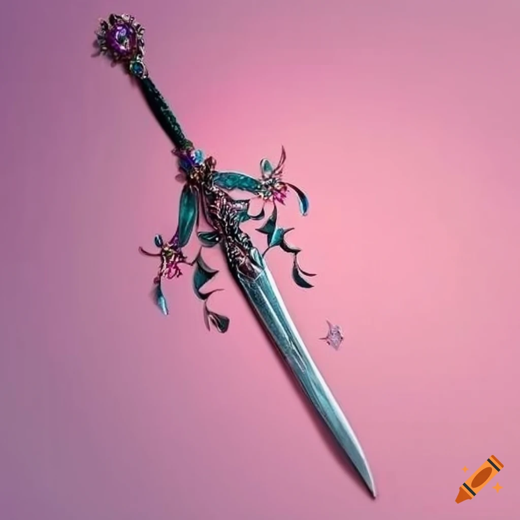 Elegant longsword with pink crystal embellishments and foliage accents on Craiyon