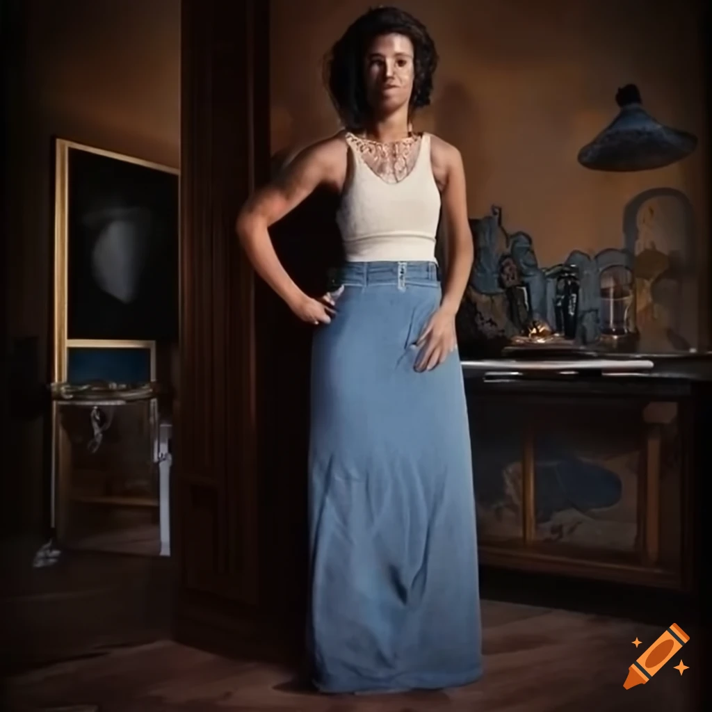 Harper Bennett standing in a room in tank top and denim pencil maxi ...