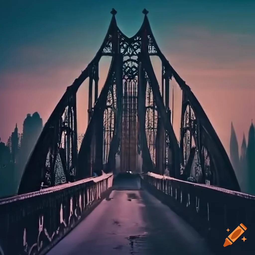 1930's car crossing a gothic bridge in a sideways perspective on Craiyon