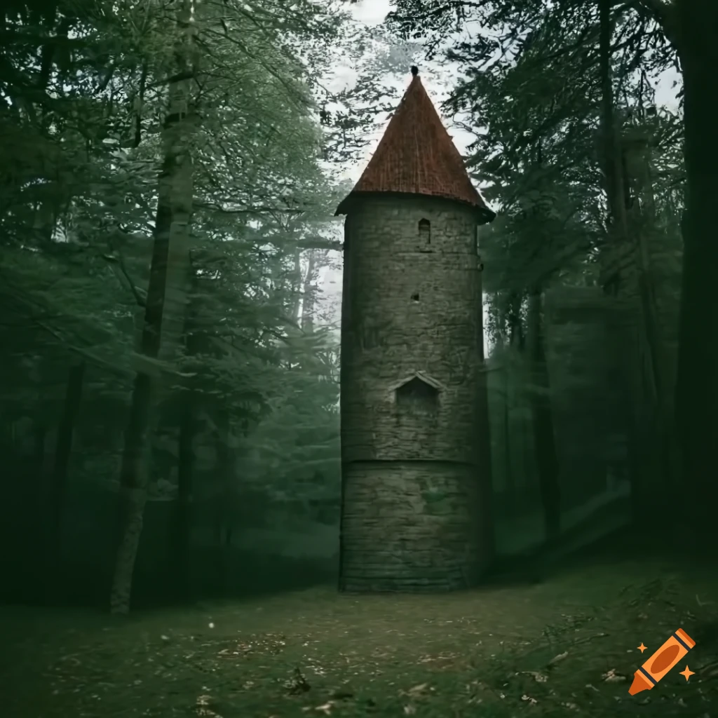 Medieval tower in a dense forest on Craiyon