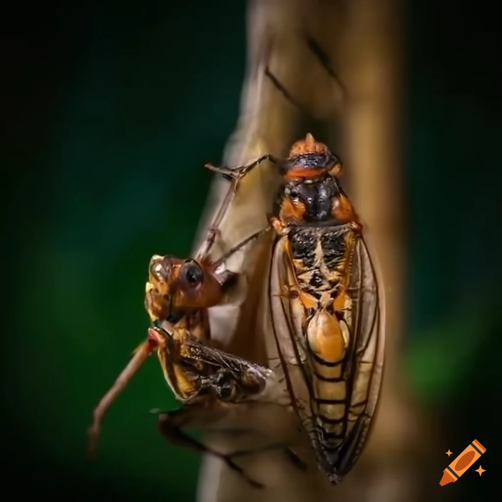 Live cicada circus with cicadas standing on each other's heads, extreme ...