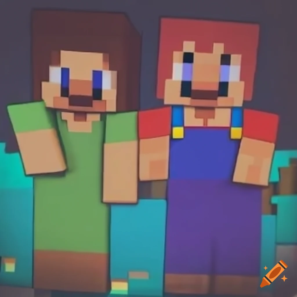 Mario and luigi meeting steve and alex in a crossover scene on Craiyon