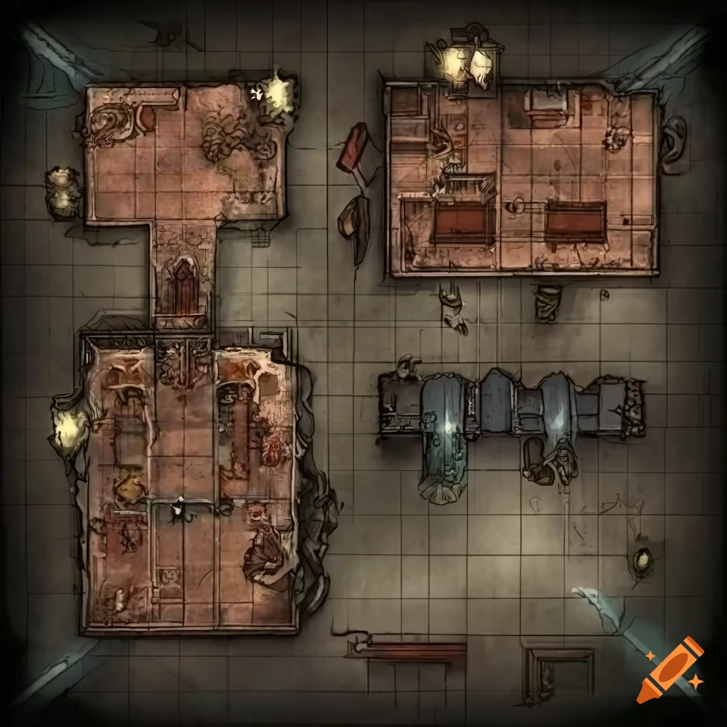 Top-down tactical battlemap with streets, buildings, and undead on Craiyon