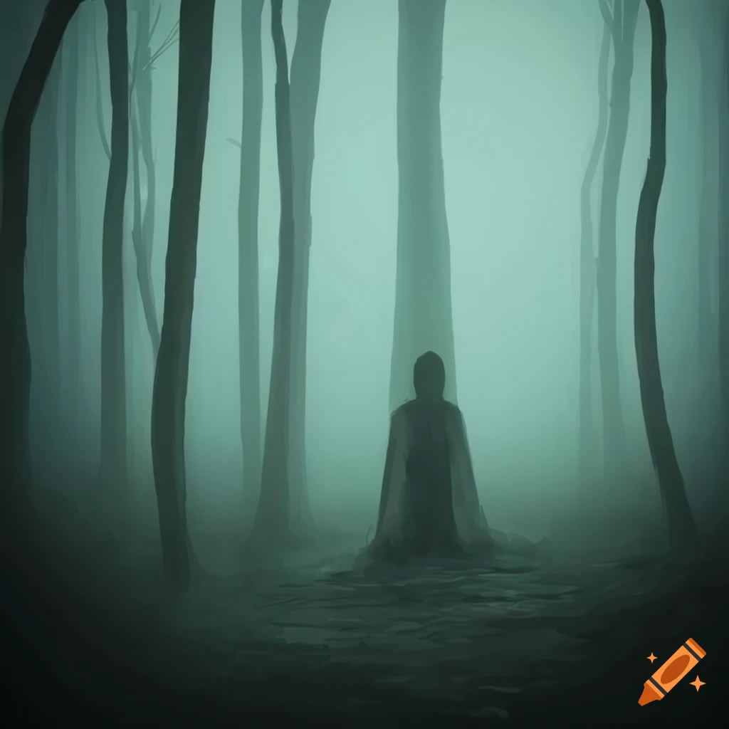 Disturbing humanoid figures in an eerie forest with dense fog on Craiyon