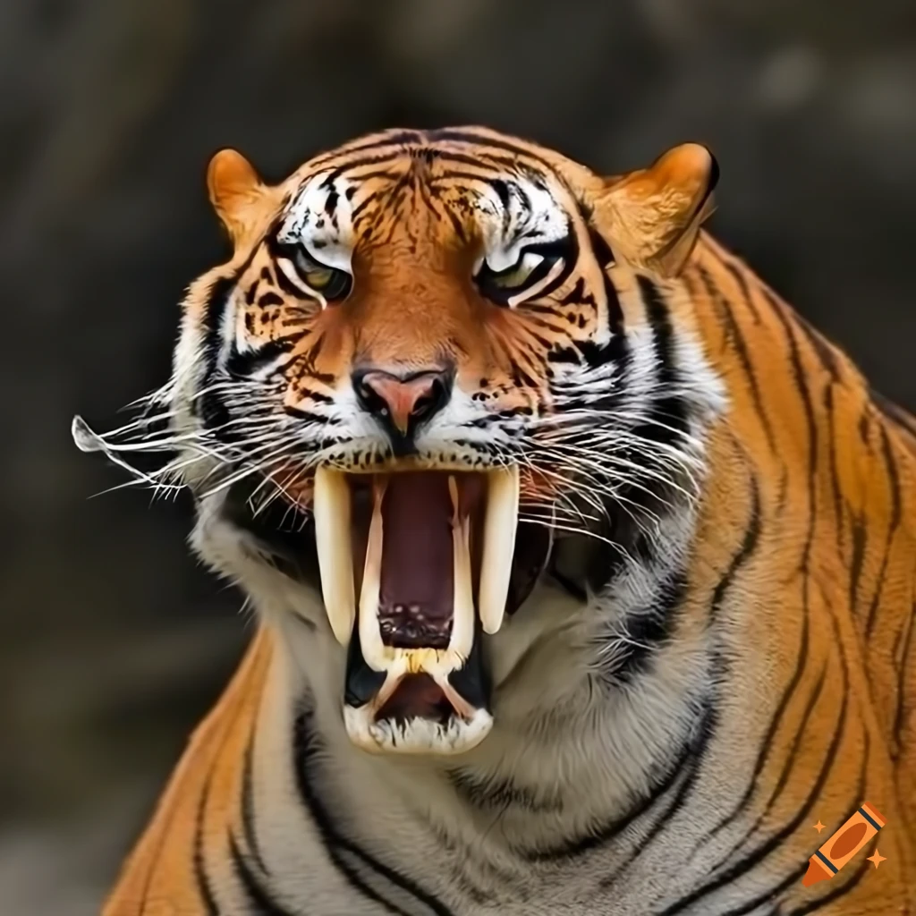 Realistic HD Saber-toothed Tiger on a sandy beach on Craiyon