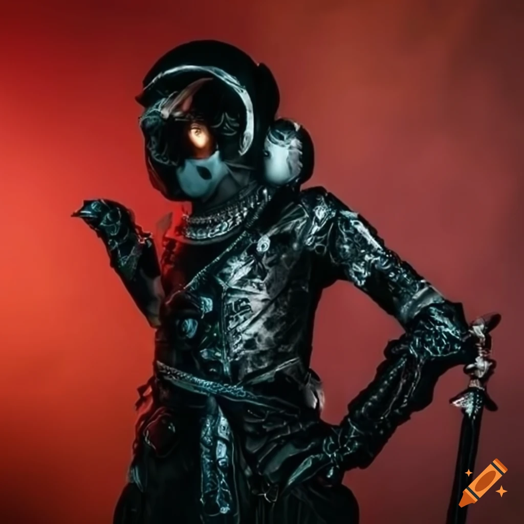 Undead vampire astronaut in futuristic Victorian-era black spacesuit ...
