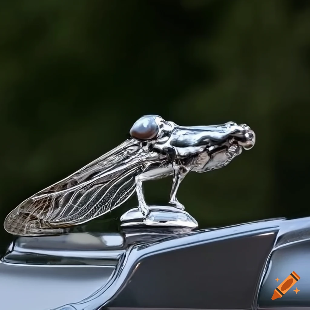 Close-up lens cicada silver hood ornament on Cadillac Seville on Craiyon