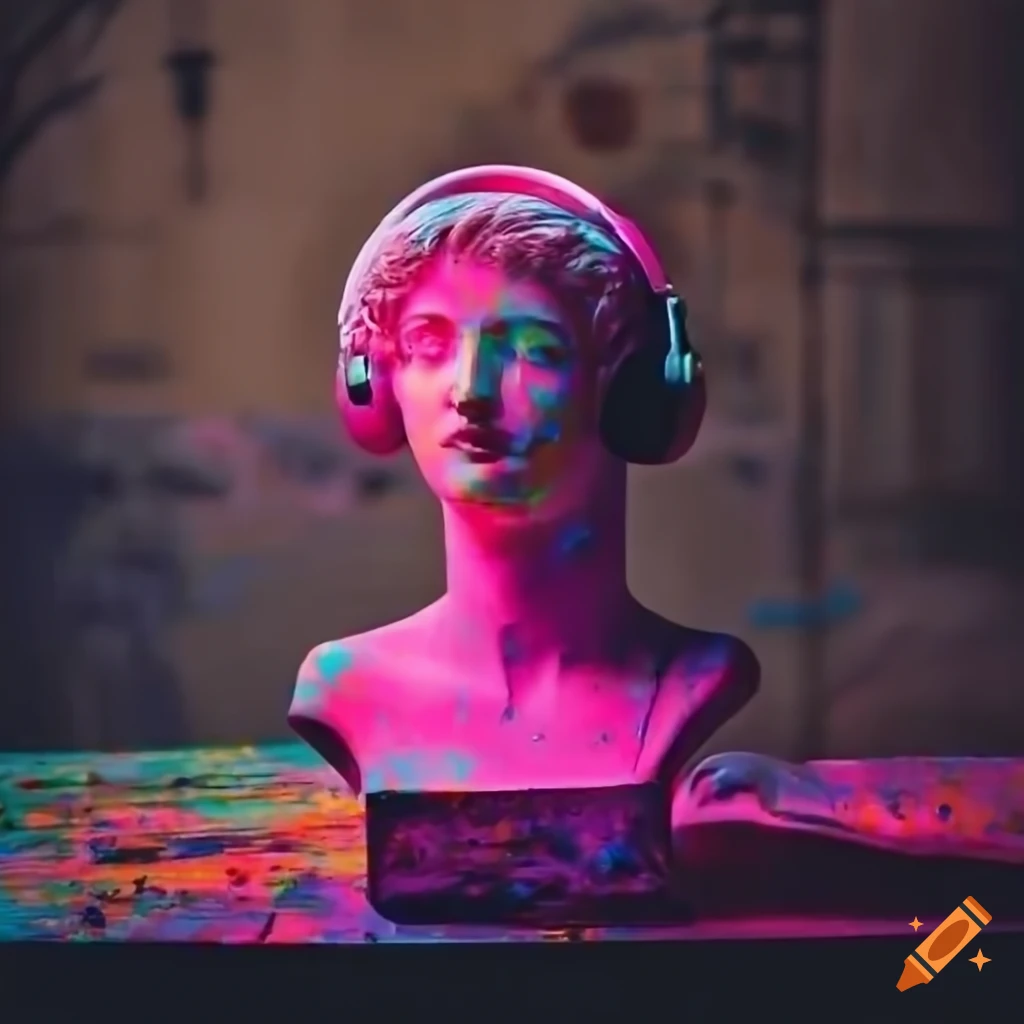 Female marble statue head with headphones in abandoned factory hall ...