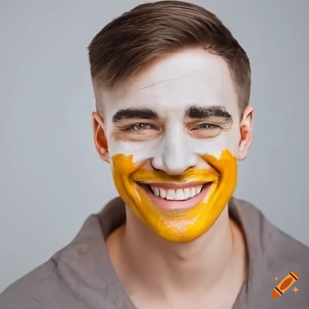 Man with painted lines on cheeks smiling on light gray background on ...