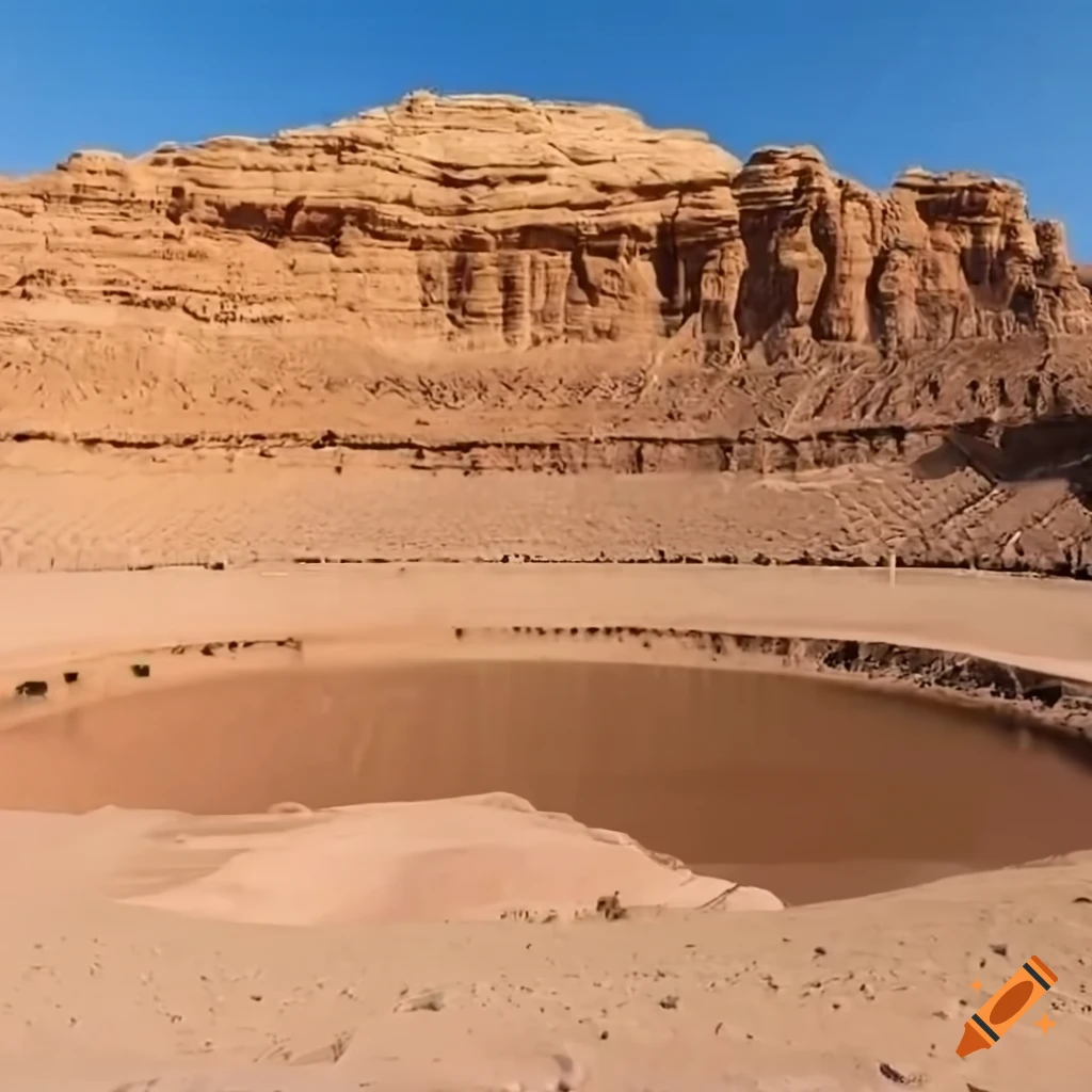 Desert arena on a plateau with a ring lake, sandstone temple, snowy ...