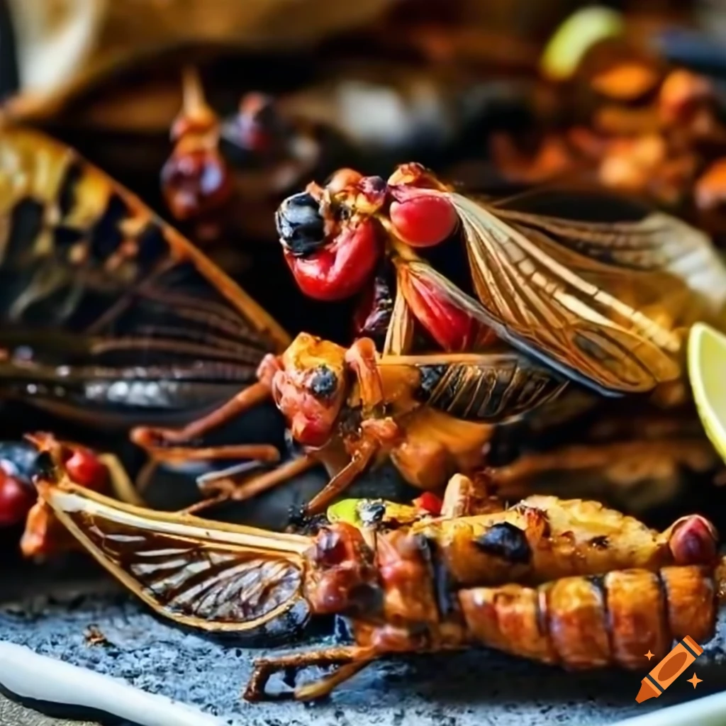 Roasted cicadas plated flamboyantly on Craiyon