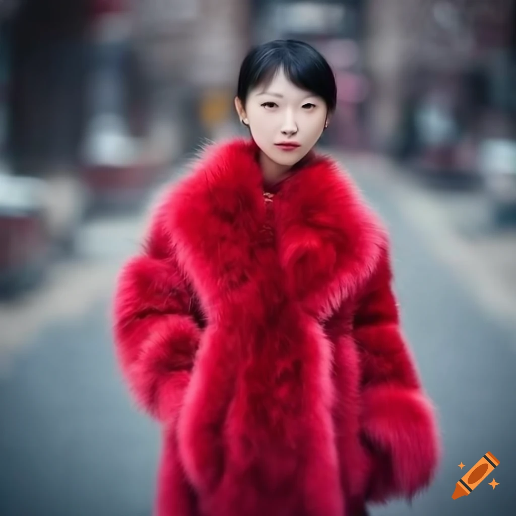 Chinese girl in a red fur coat on Craiyon