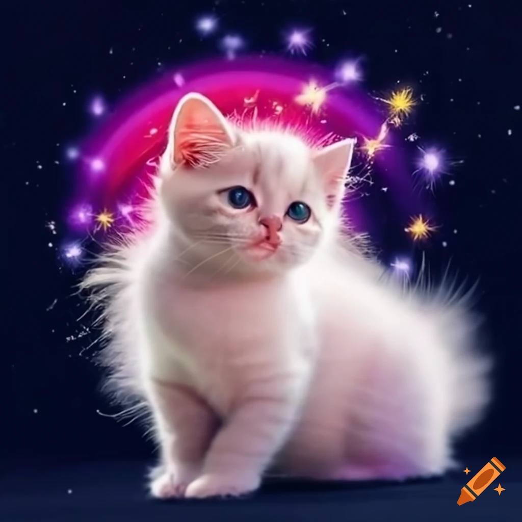 Super cute flower kitten under a rainbow sky with stars on Craiyon